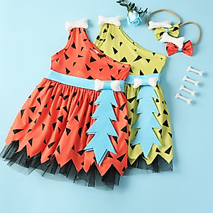 Obavioy Baby Girl Caveman Costume Toddler Cavegirl Dress with Bone Headband Hair Clips Halloween Party Outfit Orange 12-18 Month