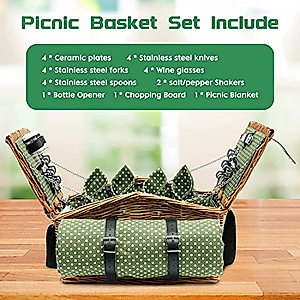 Picnic Basket for 4, Willow Picnic Basket Set with Insulated Cooler Compartment, Waterproof Blanket and Cutlery Service Kit for Camping, Outdoor