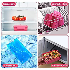 DaCool Kids Lunch Box with Ice Pack Chill Bento Lunch Containers 9.4 CUP Toddler Cold Bento Box with 3+1 Compartments Fork for Meals Snack Fruit, Leakproof Dishwasher & Microwave Safe BPA-Free,Pink