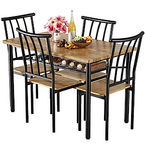 IDEALHOUSE Dining Table Set for 4, Kitchen Table with 4 Chairs, Metal and Wood Rectangular 5-Piece Dining Table Furniture Set with Storage Rack for Small Space, Apartment, Dinette(Rustic Brown)