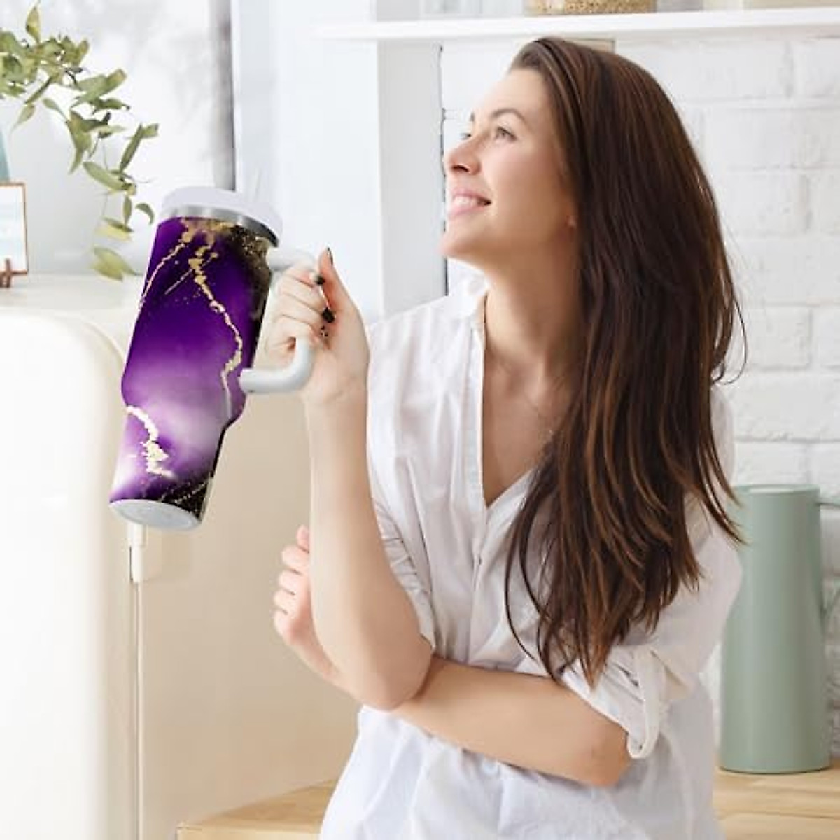 RPLIFE Abstract Purple Coffee Tumbler with Handle, Stainless Steel Coffee Mug, Insulated Coffee Mug with Lid, Coffee Tumbler for Women