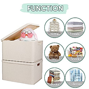 Kestbon Folding Plastic Storage Bins with Lids, Large Stackable Storage Bins, Sturdy Storage Containers for Organizing, Storage Box for Clothes, Blankets, Towels, Books, Toys, Etc, (2Pcs Beige)