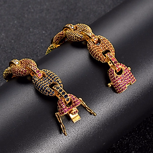 Five Domains Hip hop Hip Hop Bracelet Color Zircon Pig Nose Chain Coffee Bean Chain Real Gold Plated Men's Hip Hop Jigs (Color : Golden8inch)