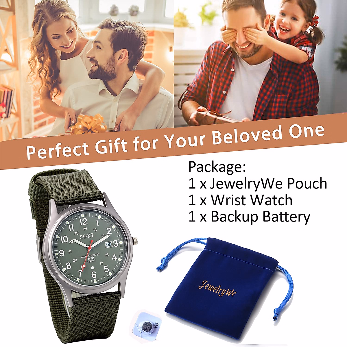 JewelryWe Men's Military Green Dial Nylon Strap Quartz Calendar Wrist Watch Night Vision Luminous Wristwatch for Father's Day