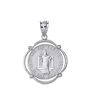 Sterling Silver Medalla De San Benito Saint St Benedict CZ Round Frame Pendant