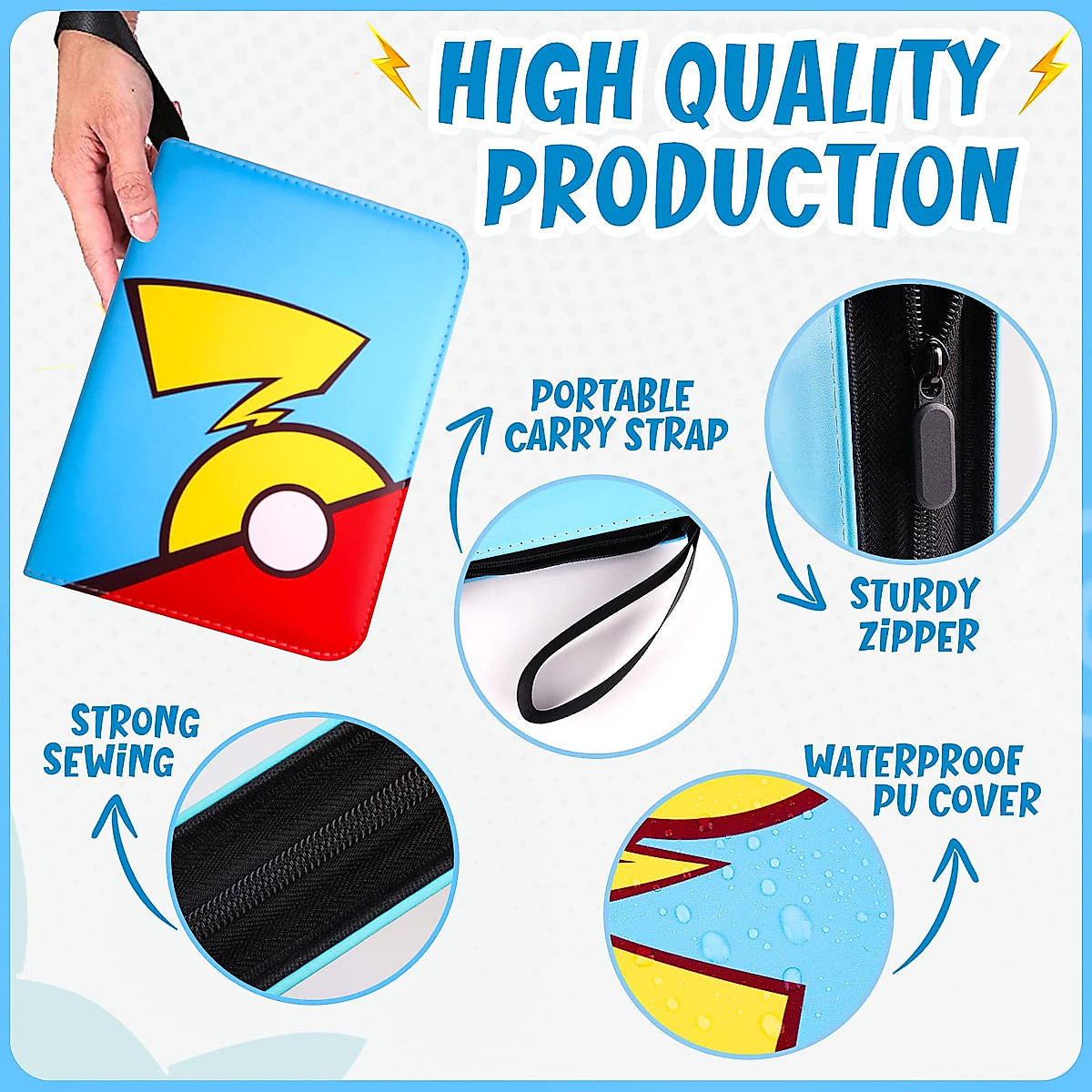 GOROMA Card Binder 4-Pockets, 400 Pockets Card Holder with 50 Removable Sleeves, Trading Card Collector Zipper Album Holder, Blue