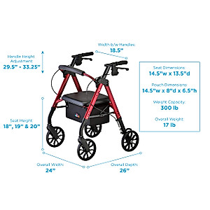 NOVA Medical Products Star 8 Rollator Walker with Perfect Fit Size System, Red, Petite, 1 Count