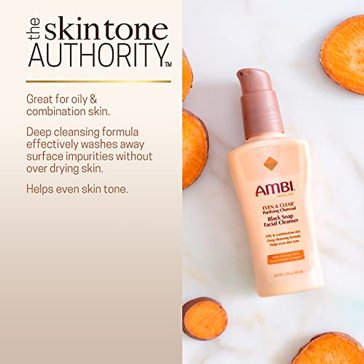 Ambi Even & Clear Purifying Charcoal Black Soap Facial Cleanser With Nutrient Rich Sweet Potato Complex | Helps Even Skin Tone | 3.5 Ounce