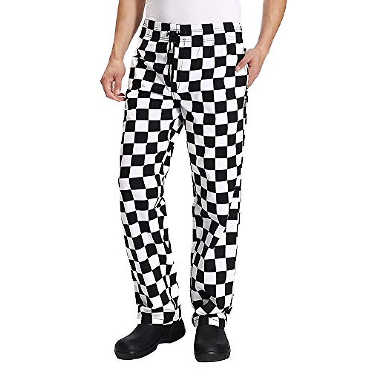 Men’s Black and White Checkerboard Print Chef Pants with Elastic Waist Drawstring Baggy Chef Uniforms BigPlaid M