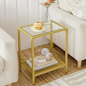 MAHANCRIS End Tables Set of 2, Side Table with Tempered Glass Top, Narrow Beside Table for Small Space, 2-Tier Nightstand with Storage Shelf, for Sofa Couch and Bed, Easy Assembly, Gold ETJ24B01S2Z1