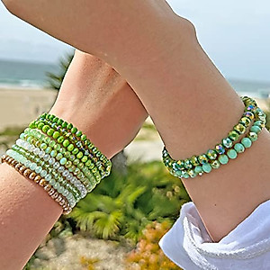 CATCHY & CRAFTY Bracelet Crystal Stretch Stackable Layering Colorful Statement Bracelets Women Glass Beaded Boho Friendship Bridal Gift (Forest Green)