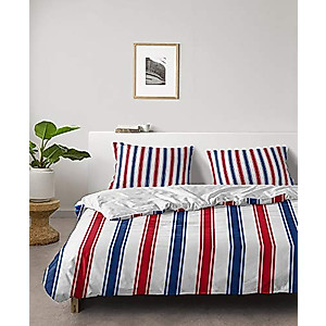 Independence Day California King Duvet Cover Set 4 Pieces Modern Geometric Striped Print Bedding Sets, Soft Quilt Covers with Zipper Closure and 1 Bed Sheets 2 Pillow Shams Colorful Blue Red White