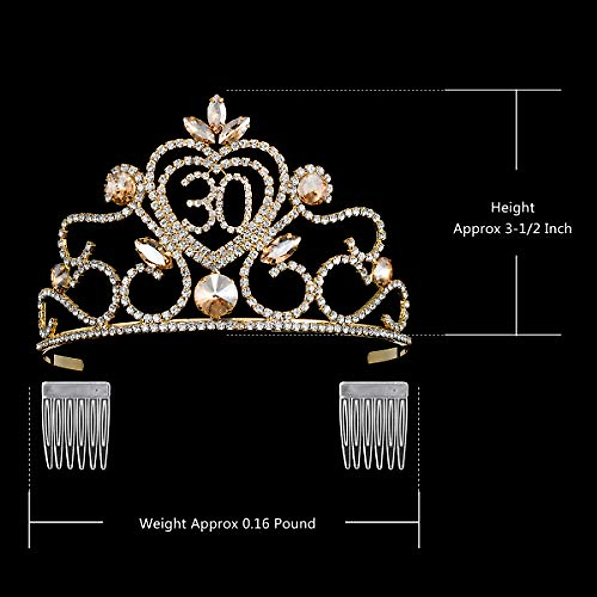 YZHSTONE Women 30th Birthday Tiaras Crown Gold Metal Rhinestone Crystal Birthday Queen Tiara Crowns 30 Birthday Crowns Tiaras Princess Girls 30th Birthday Queen Crown Tiara
