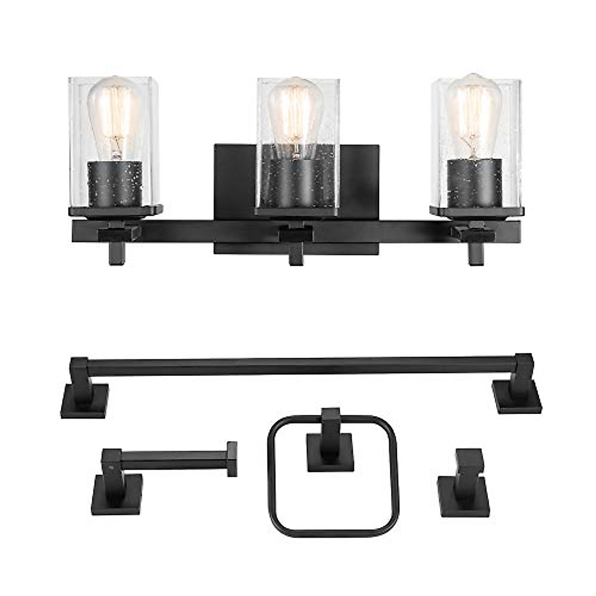 Globe Electric 51634 5-Piece All-in-One Bathroom Accessory Set, with Vanity, Matte Black, 3-Light Vanity Light, Seeded Glass, Towel Bar, Toilet Paper Holder, Towel Ring, Robe Hook, Home Improvement