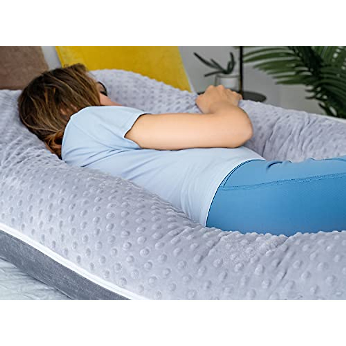 QUEEN ROSE Pregnancy Pillow, Maternity Pillow for Pregnant Women, 55 Inch U Shaped Full Body Pillow for Sleeping Support, Reversible Minky Dot Velvet Cover, Grey
