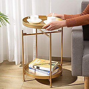 HollyHOME 2-Tier Round Metal End Side Table, Accent Anti-Rust Waterproof Simplistic Sofa Table, Modern Tray Outdoor&Indoor Folding Coffee Table, (D) 15.75" x(H) 20.47", Golden
