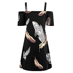 SMIDOW Cruise Dresses for Women 2023 Summer Cold Shoulder Tshirt Mini Dress Sexy Zipper v Neck Feather Print Swing Sundress