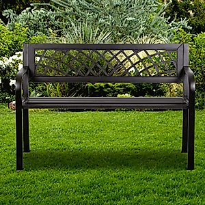 HomeClever Metal Garden Park Bench, 45.5inch Powder Coated Cast Iron PVC Mesh Pattern Design Patio Bench w/Armrests Sturdy Steel Frame, Outside for Front Porch Path Yard Lawn Deck Furniture, Black