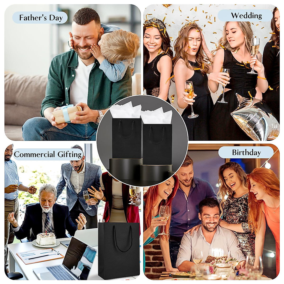 Jutieuo 12 Pcs Luxury Black Bags with Tissue Paper, Medium Size Gift Bags for Men, Groomsmen Proposal Bags, 8x4x11 Inches Premium Black Paper Bags with Handles for Valentine's Day Birthday Gift