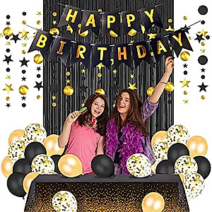 Black and Gold Birthday Party Decoration for Men Women- Happy Birthday Banner, Glitter Circle Dot Garland Streamer, Fringe Curtain, Foil Tablecloth and Balloons Party for Women Men Black Gold Birthday Party