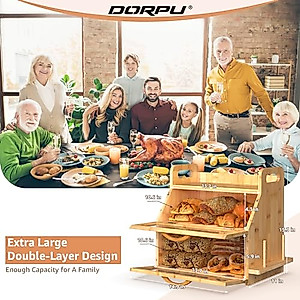 DORPU Extra Large Bread Box, Double Layer Bread Box for Homemade Bread, Bamboo Wooden Bread Storage Container with Tool Holder | Handles | Window, Assembly Required(14.9" x 11" x 15.3") Natural