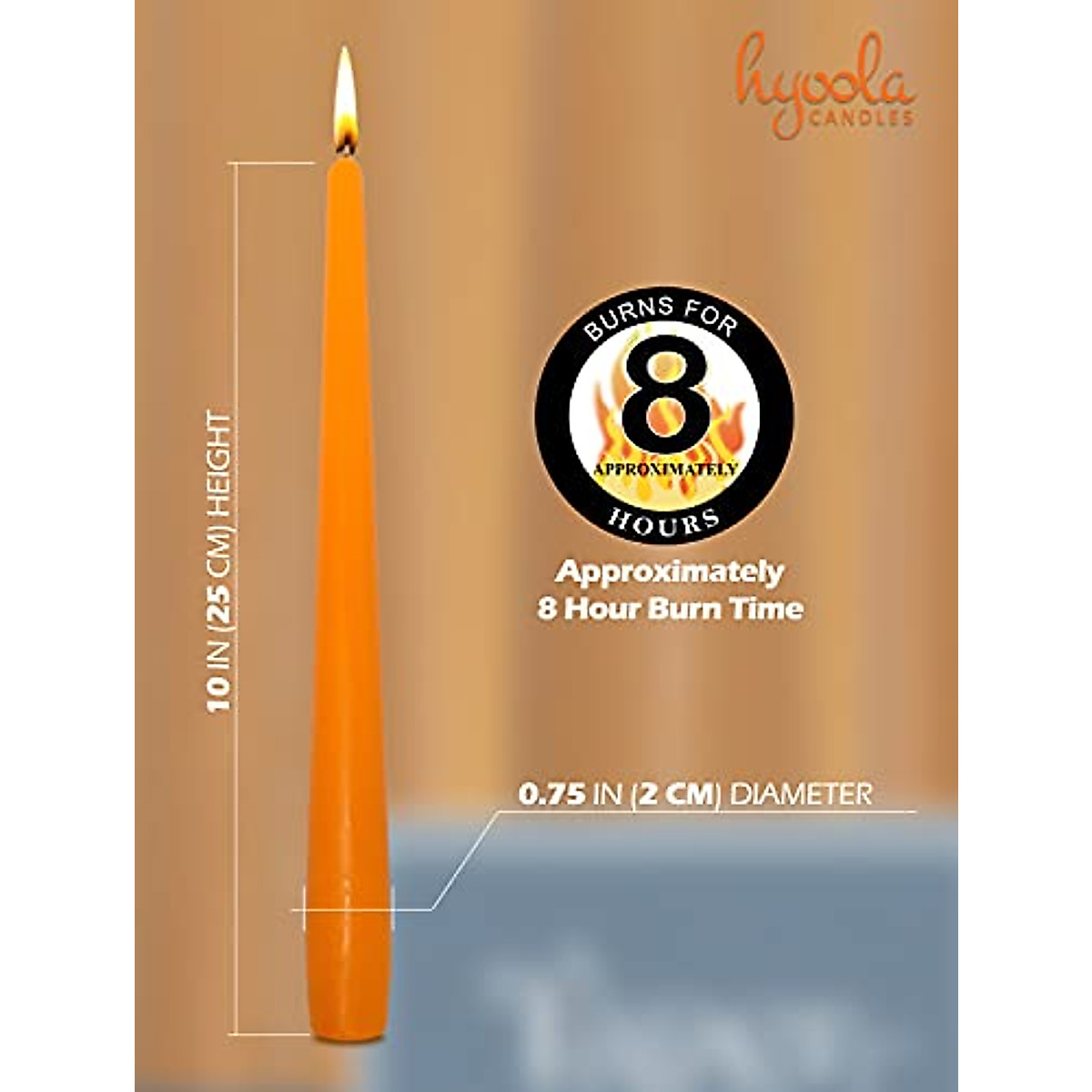 Hyoola Tall Taper Candles - 10 Inch Orange Unscented Dripless Taper Candles - 8 Hour Burn Time - 12 Pack