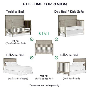 Evolur Lourdes 5-in-1 Convertible Crib in Porcini, Greenguard Gold and JPMA Certified, Easy to Clean, Maintain and Assemble, Made of Hardwood, Wooden Nursery Furniture
