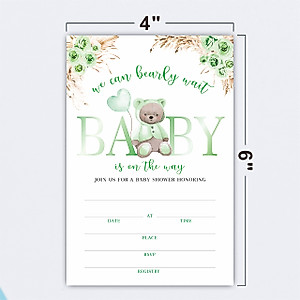 JCVUK Set of 25 Baby Shower Invitations with Envelopes, Diaper Raffle Tickets and Baby Shower Book Request Cards,Green Bear Theme Babyshower Party For Boys or Girls(YQKTZ-B16