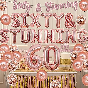 Wonmelody Funny 60th Birthday Decorations Rose Gold Stunning Glitter Birthday Decor Sixty & Stunning Glitter Cake Topper Banner Rose Gold Sixty & Fabulous Happy 60th Birthday Decor for Women