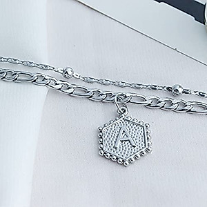 C Silver Initial Anklet for Women Layered Beaded Hexagon Letter Ankle Silver Cuban Link Anklet Bracelet for Women Men Dainty Letter Name Ankle((Silver C)