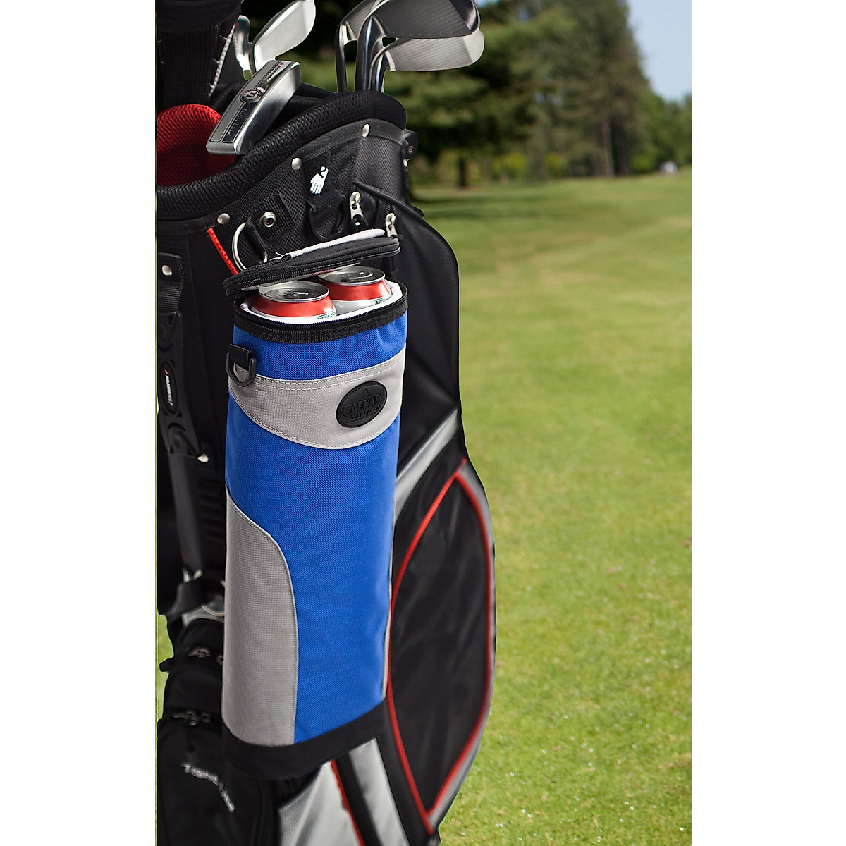 6-to-Go Zippered Beverage Cooler with Shoulder Strap, Clip, and Front Pocket (Blue/Grey)