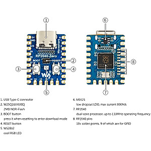 waveshare RP2040-Zero Mini Board with Pre-Soldered Header,Pico-Like MCU Board Based on Raspberry Pi MCU RP2040 Dual-Core Arm Cortex M0+ Processor Support C/C++, MicroPython