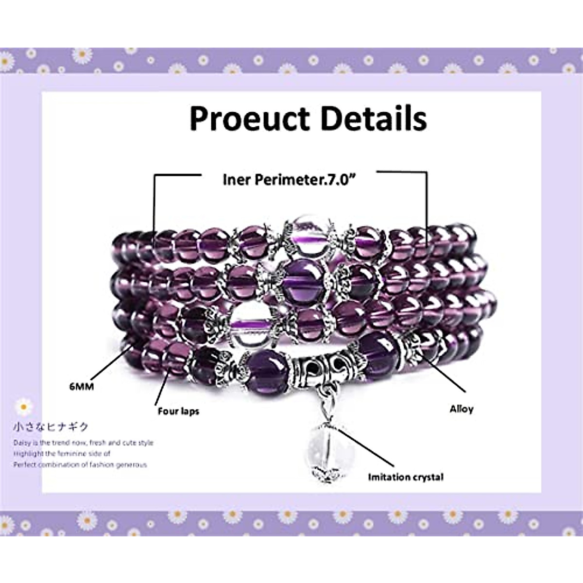 6mm Natural Gem Semi Precious Gemstone Chrysoprase Agate Green Bracelets Necklace,Birthstone Multilayer Hand String Accessories (Amethyst)