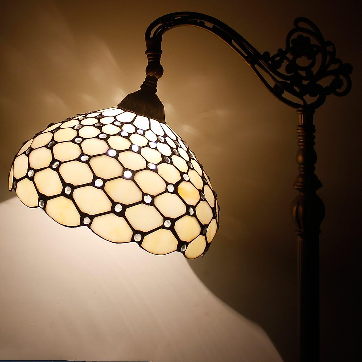 WERFACTORY Tiffany Floor Lamp Cream Amber Stained Glass Bead Arched Lamp 12X18X64 Inch Gooseneck Adjustable Corner Standing Reading Light Decor Bedroom Living Room S005 Series