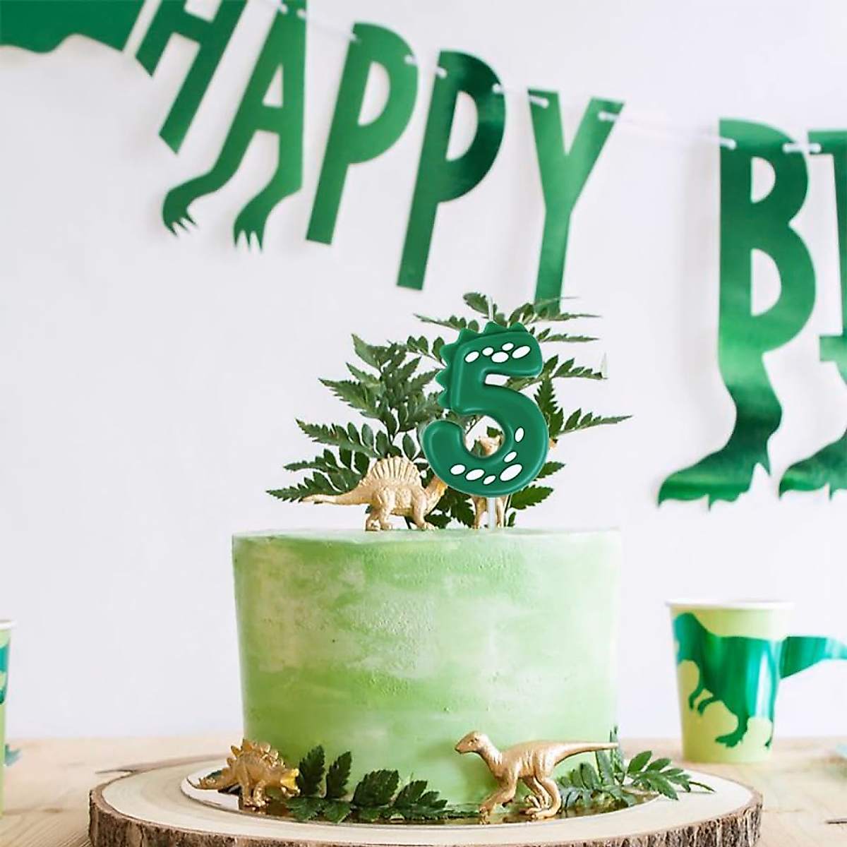 eusbon Green Birthday Candle 3, 2.76" Dinosaur Candle Theme Party Number Candle for Cake