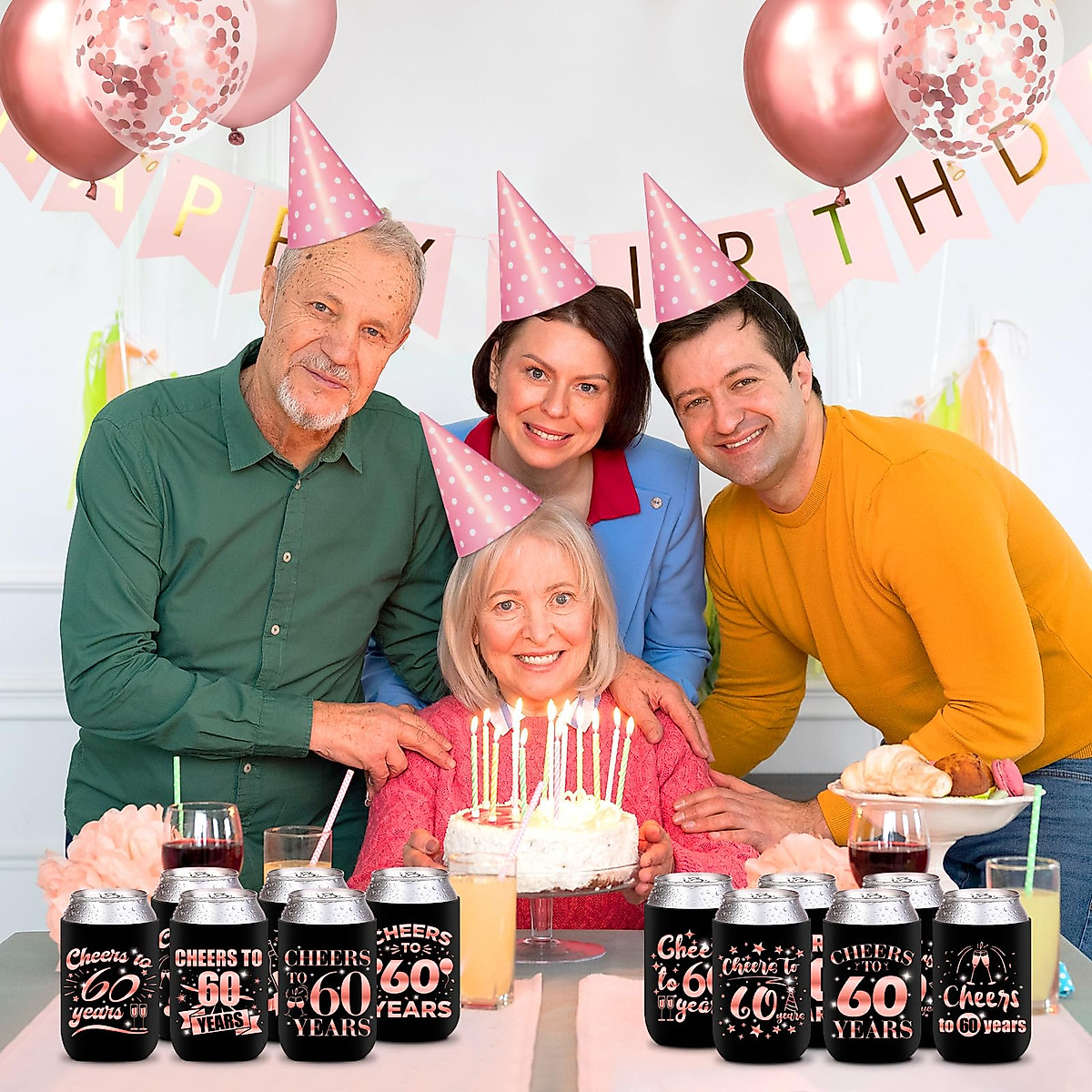 12Pcs Can Cooler Sleeves - Rose Gold 60th Birthday Decorations for Women - Beverage Can Cooler Sleeves for Cheers to 60 Years Old Party Supplies Gift