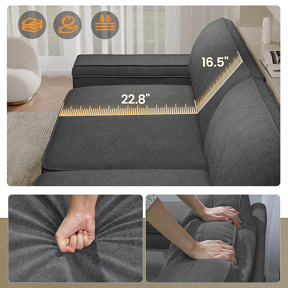 SEDETA Modern Couch, Comfy Couches for Living Room, Oversized Loveseat Sofa, Deep Seat Sofa with Storage and 2 USB Charging Ports, Removable Sofa Cover(Dark Grey Chenille)