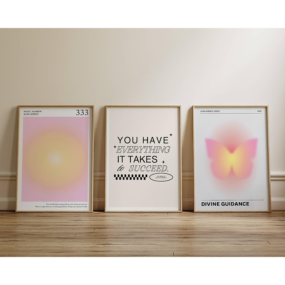 iHery Large Unframed Aura Angel Numbers 333 Poster Set of 3, Premium Quality 12x16in Canvas Wall Art Decor Aesthetic, Pink Trendy Spiritual Energy Gradient Print for Yoga Bedroom,Living Room