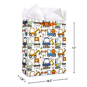 XJF Large Gift Bag with Tissue Paper and Card for Boys,13inch Vehicle Party Gift Bag for Kids,Adults,Birthdays,Kids Parties, Christmas, Holidays, 13inch x 10.5inch x 5.8inch