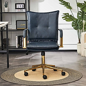 MOJAY Mid-Back Ergonomic Leather Office Chair, Modern Upholstered Executive Desk Chair with Gold Frame Armrest Computer Task Chair (DarkBlue)