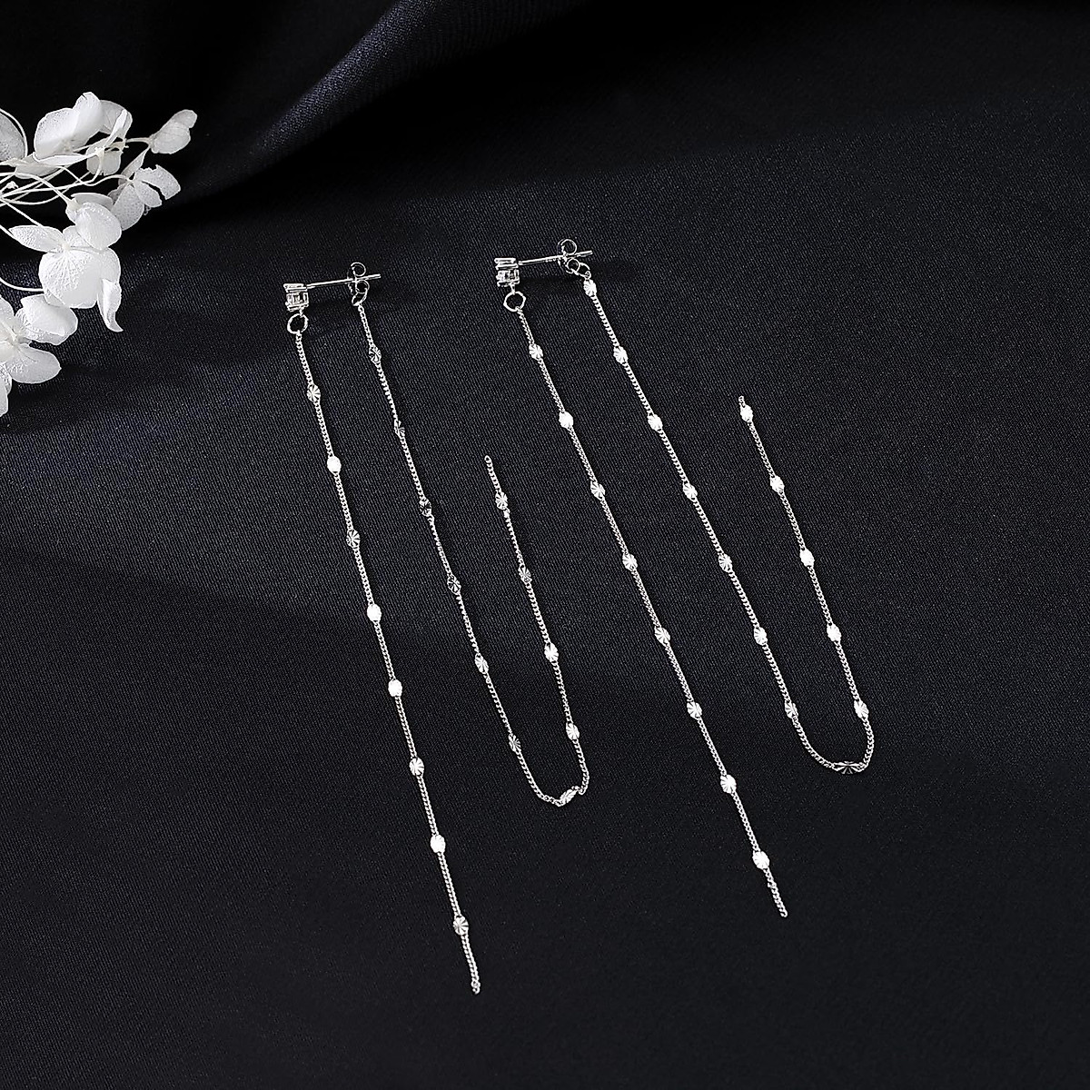 SLUYNZ 925 Sterling Silver CZ Studs 6.3inch Long Chain Earrings Dangle for Women Line Earrings Chain Backs (A-Silver)