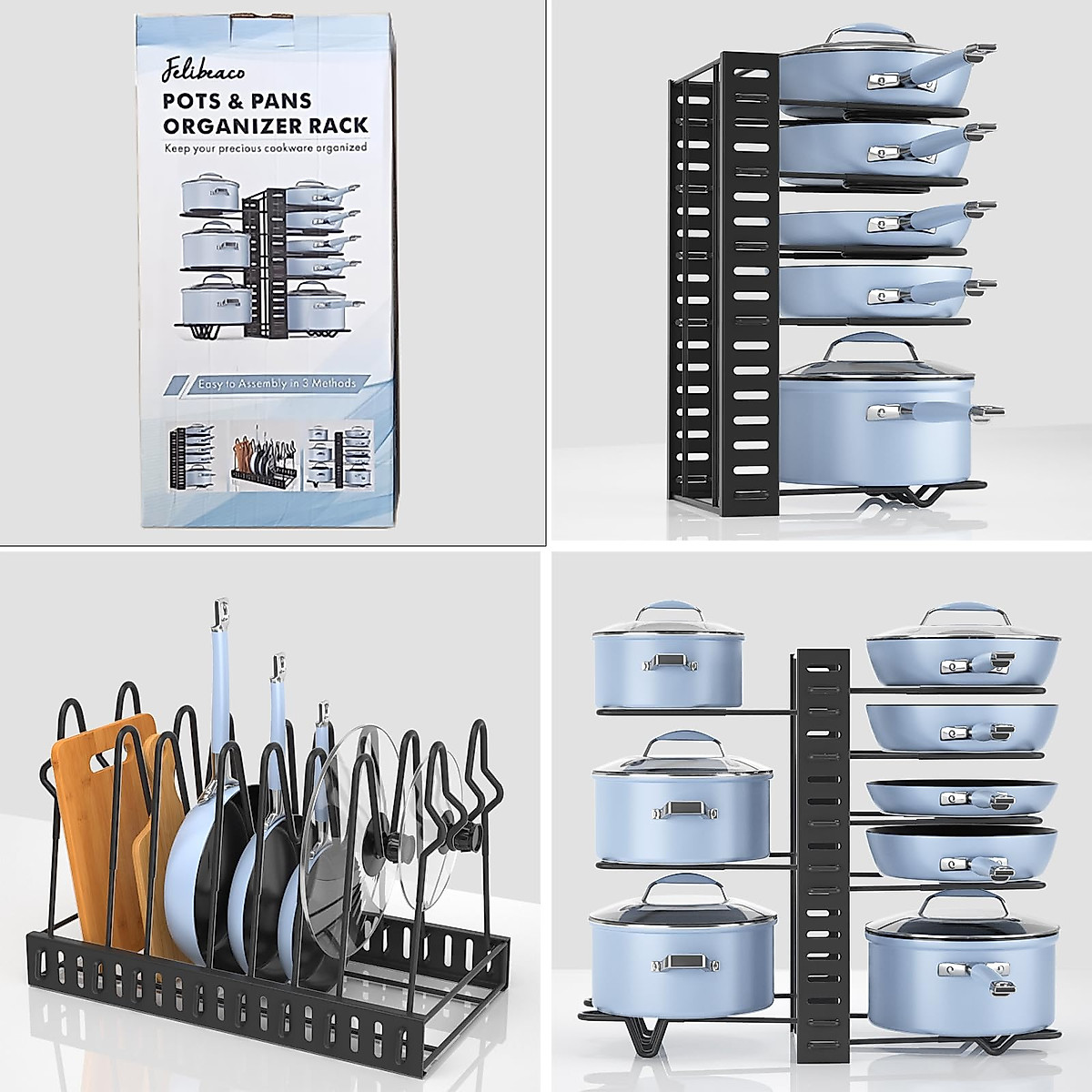 Felibeaco Adjustable Pots and Pans Organizer Rack for Cabinet, Metal Pans Pots Lids Storage Holder Rack under Cabinet with 3 DIY Methods, Pot Rack with 8 Tiers for Kitchen,Counter,Black,