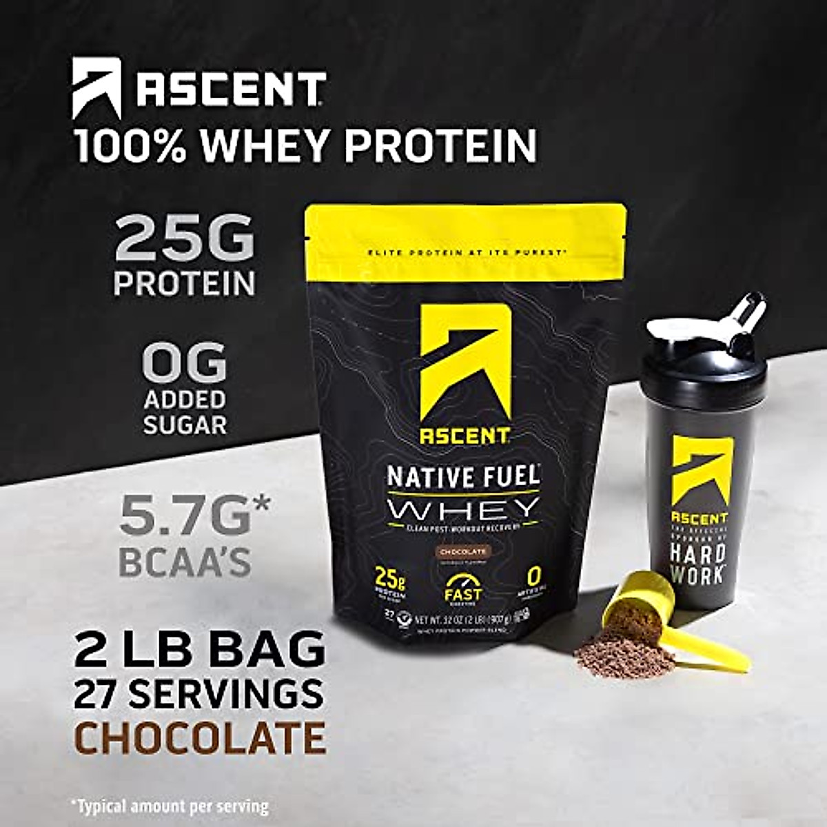 Ascent 100% Whey Protein Powder - Post Workout Whey Protein Isolate, Zero Artificial Flavors & Sweeteners, Gluten Free, 5.7g BCAA, 2.7g Leucine, Essential Amino Acids, Chocolate 2 lb