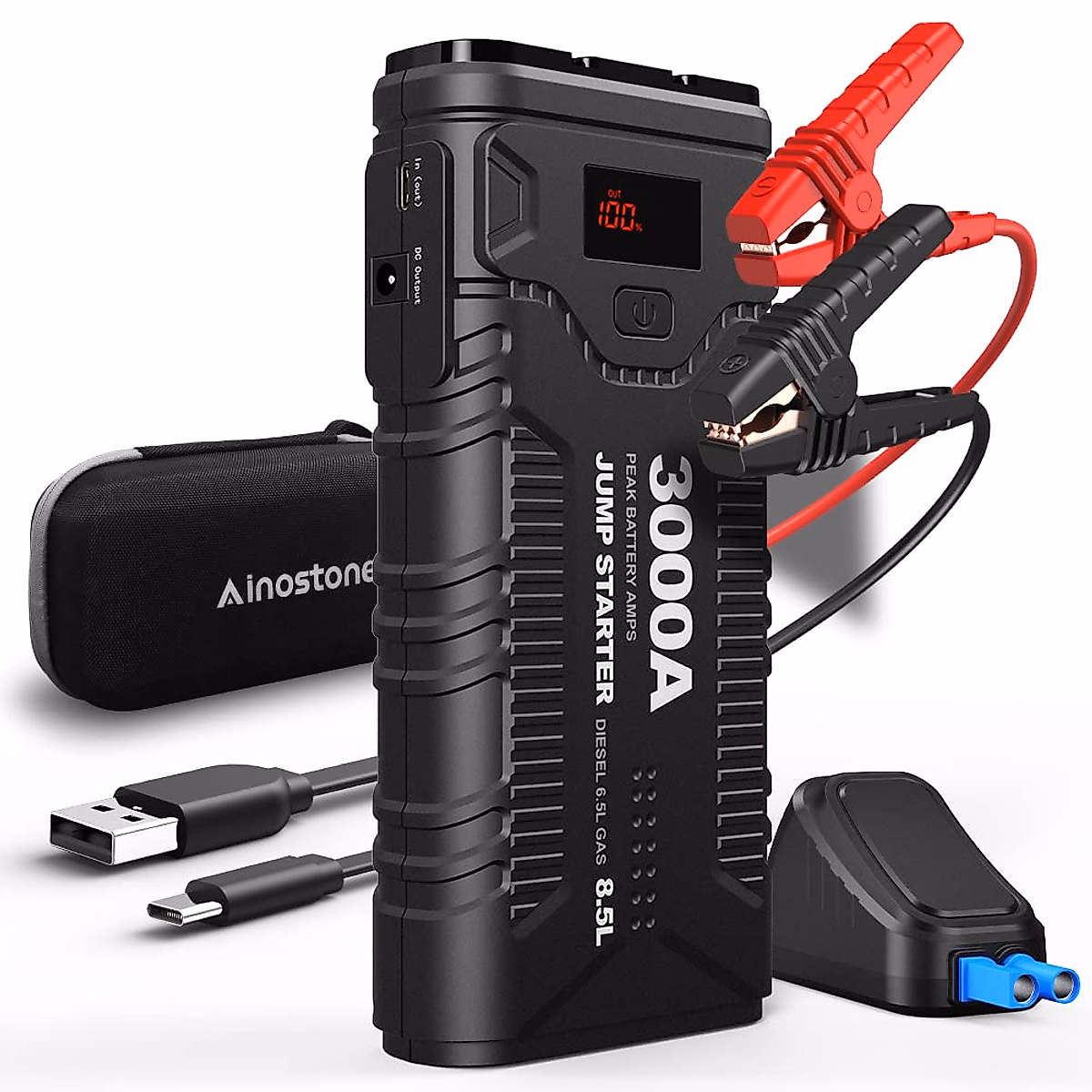 Ainostone Jump Starter 3000A Peak Car Battery Jump Starter 20800mA/h Portable Auto Battery Booster Pack for Up to 8.5L Gas & 6.5L Diesel Engine 12V Car Power Bank Charger with Carry Case LCD Display