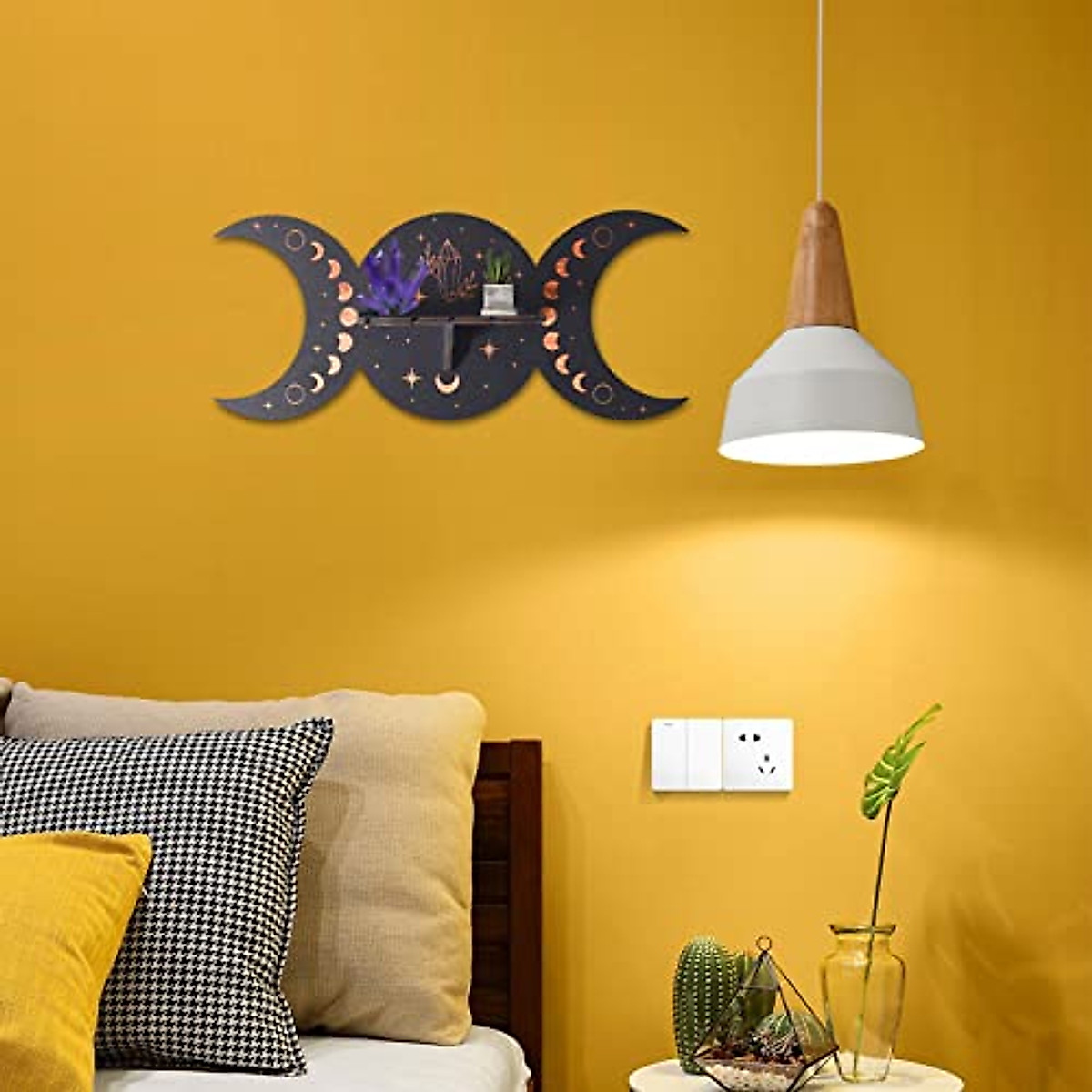 Kumprohu Crystal Stone Display Stand | Meditation Moon Wood Storage Holder Rack with Buckles | Moon Wall Decor Home Hanging Display Shelf for Home