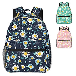 Junong 17 Inch Daisy Backpack for Women Fashion Laptop Flower Backpack Cute Travel Bag Women College Floral Backpack (Navy Blue)