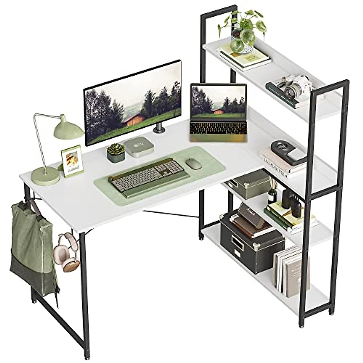 CubiCubi Computer Corner Desk with Storage Shelves, 47 Inch Small L Shaped Computer Desk, Home Office Writing Desk with 2 Hooks, White