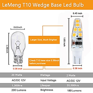 T5 T10 Wedge Base 2W LED Bulb 3000K Warm White for 12V 24volt Landscape Path Light, 921 922 912 194 168 T10 wedge RV Camper Trailer Motorhome Marine Boat Dome Light, 6 Pack