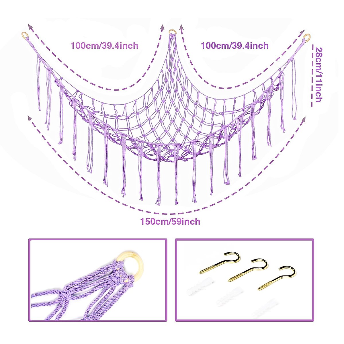 Boho Stuffed Animals Net or Hammock Large,55 inch Toy Hammock Macrame Stuff Animal Storage Corner Hanging Net Holder,Mesh Hammock Plush Toy Organizer with Hooks for Bedroom,Nursery (Purple)