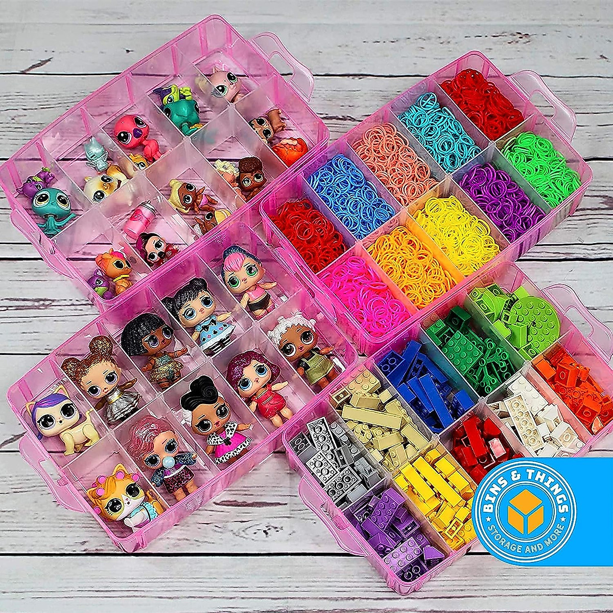 Bins & Things Bead Organizer with Adjustable Compartments - Durable Toy Organizers and Storage Solution for Dolls, Crafts, Mini Toy Figures, Jewelry and Beads - 4 Tier, 20 Compartments, Pink